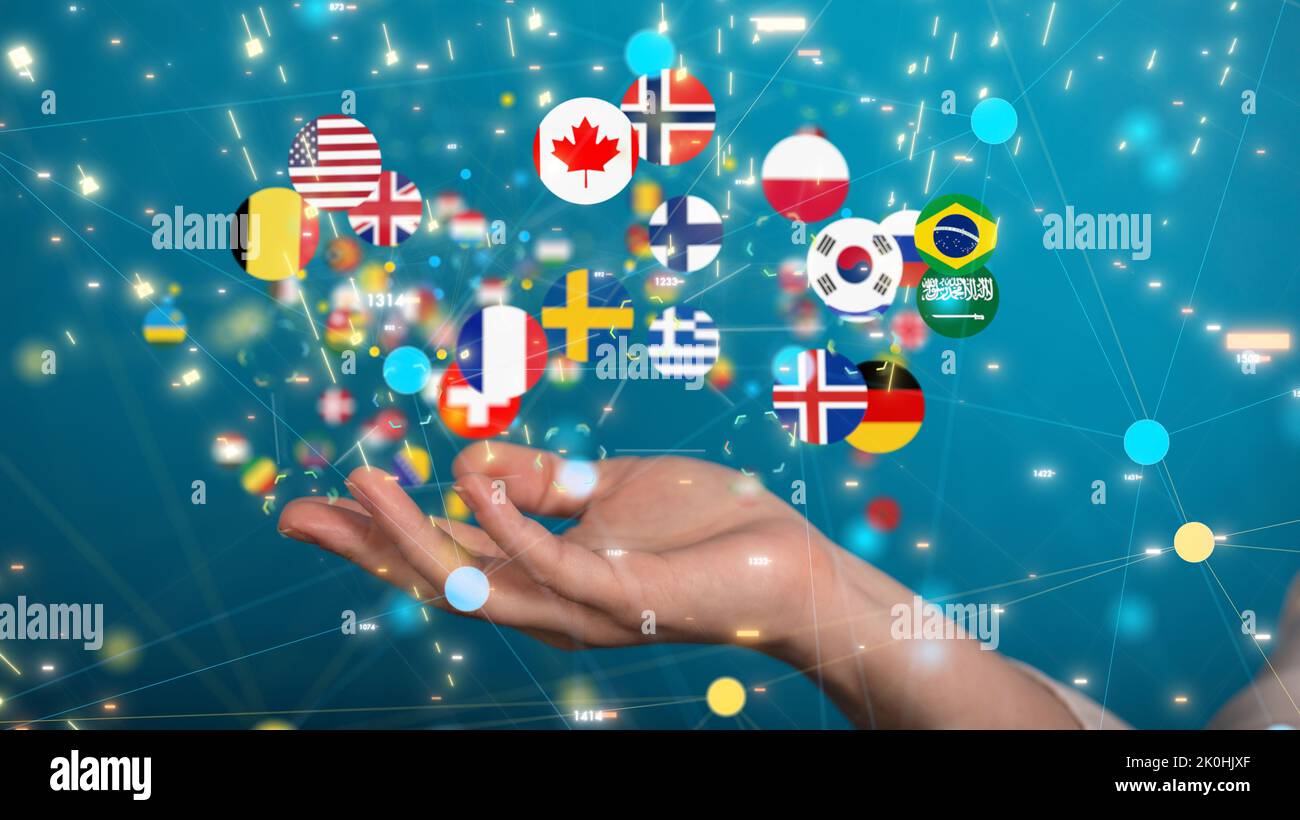 A human hand showing the digital concept of global communication ...