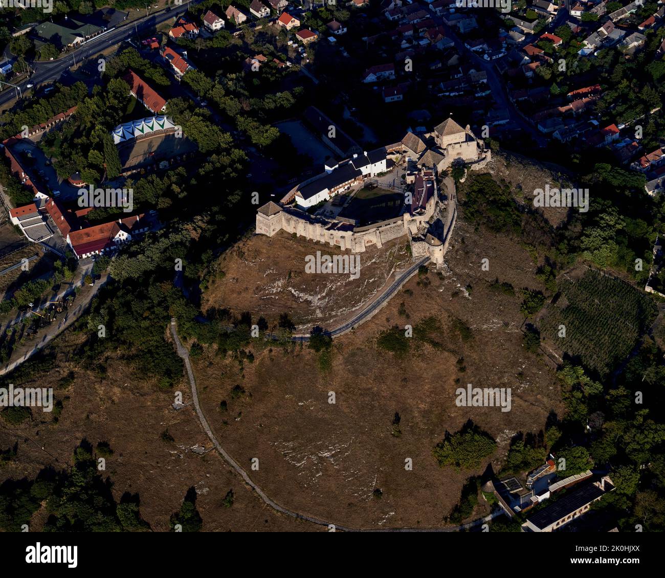 An aerial view of the old medieval Sumeg Castle in Sumeg, Hungary, on a ...