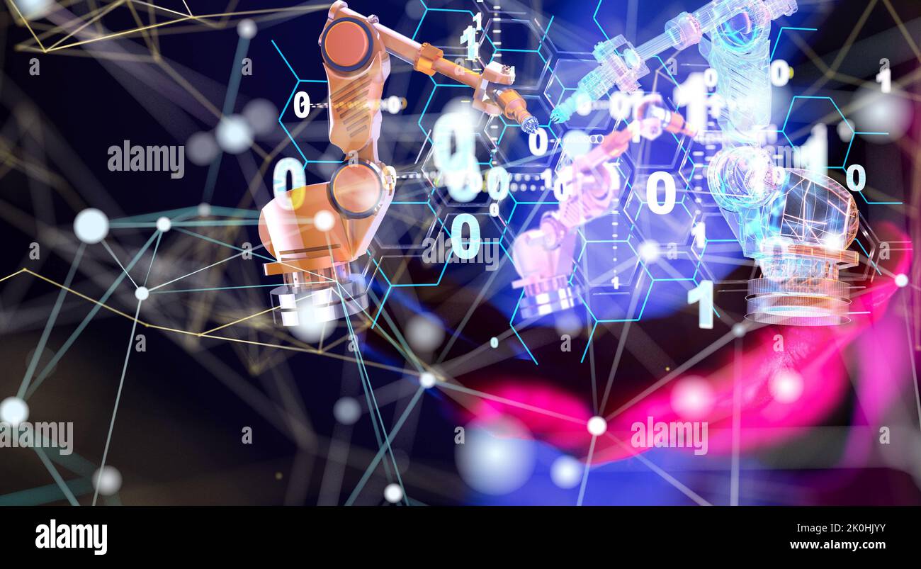 The codes, robotic icons, and digits symbolize Artificial intelligence ...