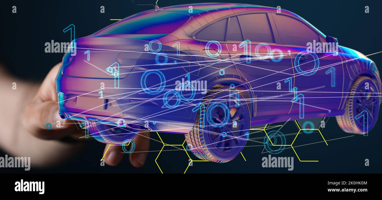 A 3D rendered hologram of a car with a hand pointing at it from the ...