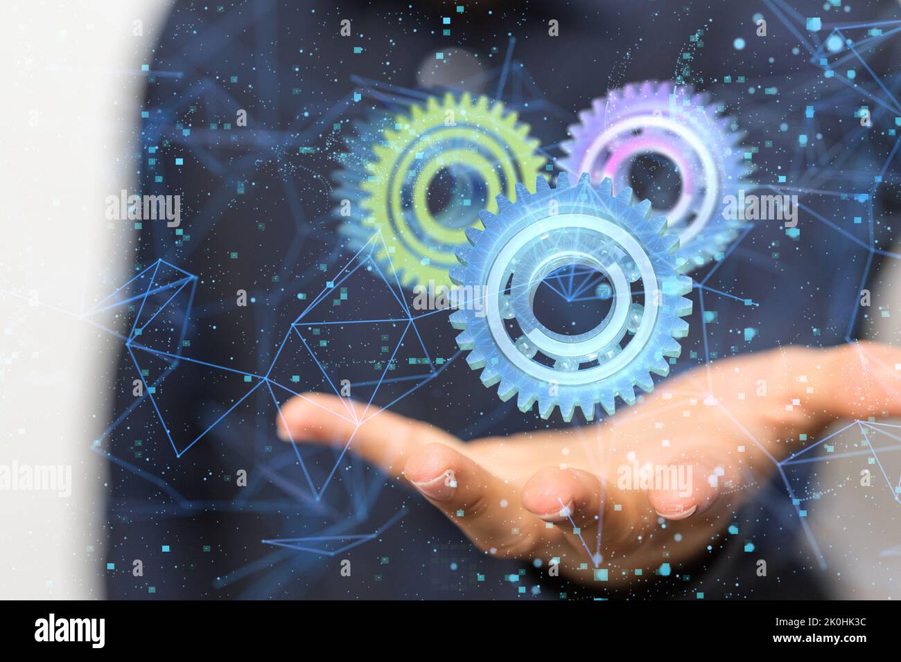 The hand holding colorful gears - network settings concept Stock Photo ...