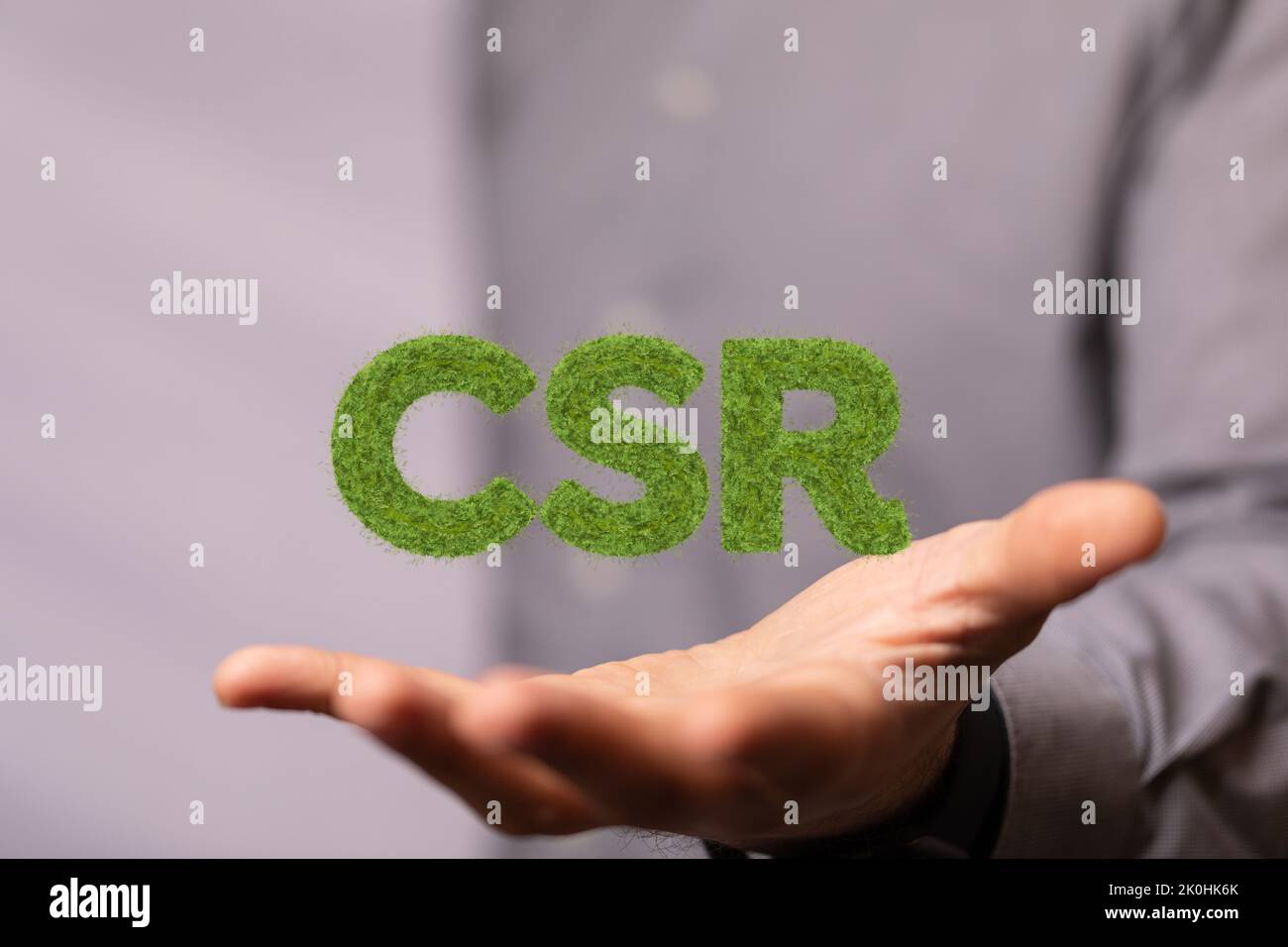 A 3D render of green CSR letters in hand for the Corporate social ...