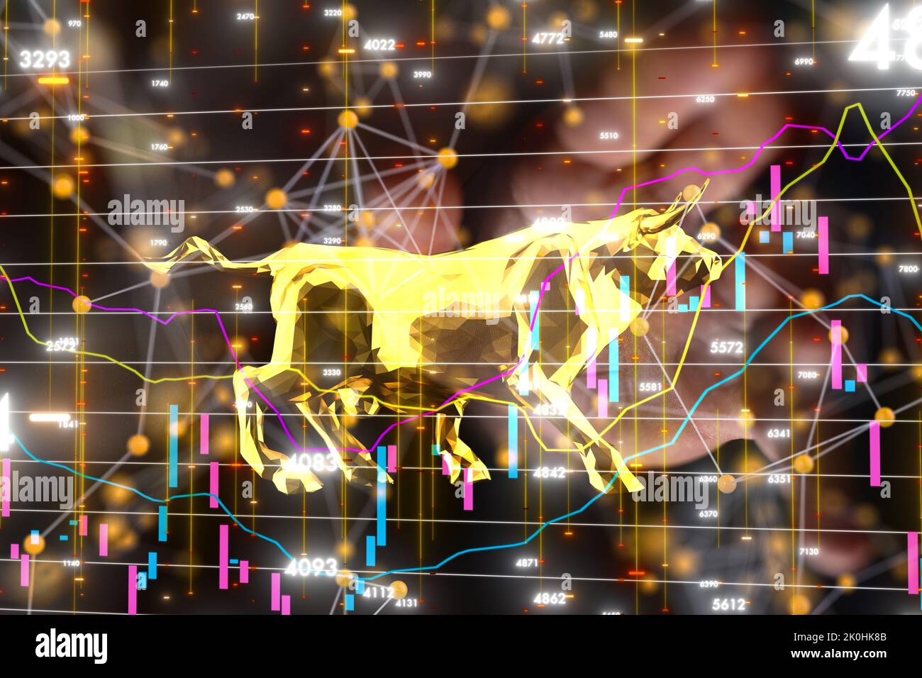 The golden bull in the colorful digital stock market graphs - trading ...