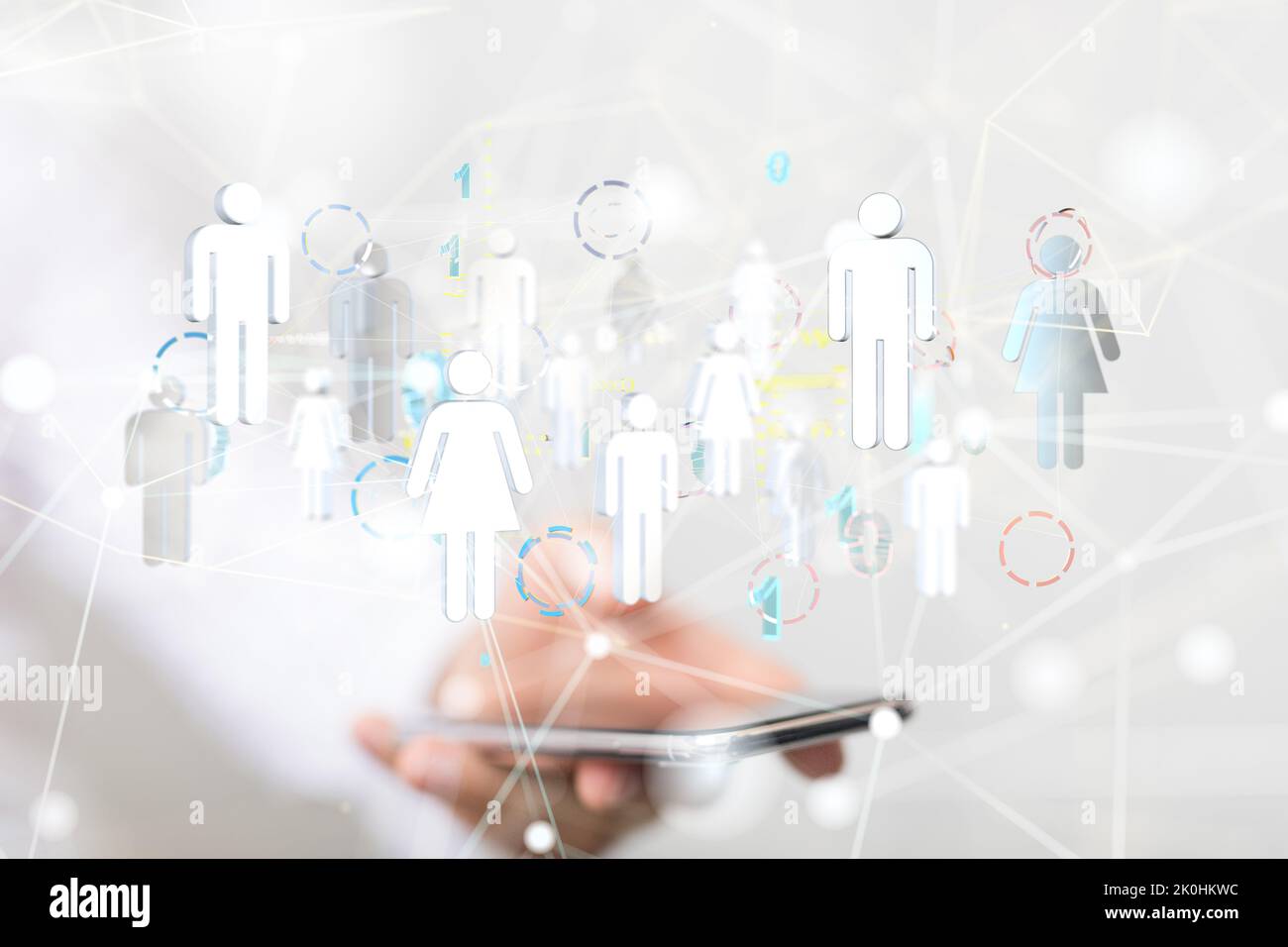 A man with his phone out toward floating 3D people icons - concept of ...