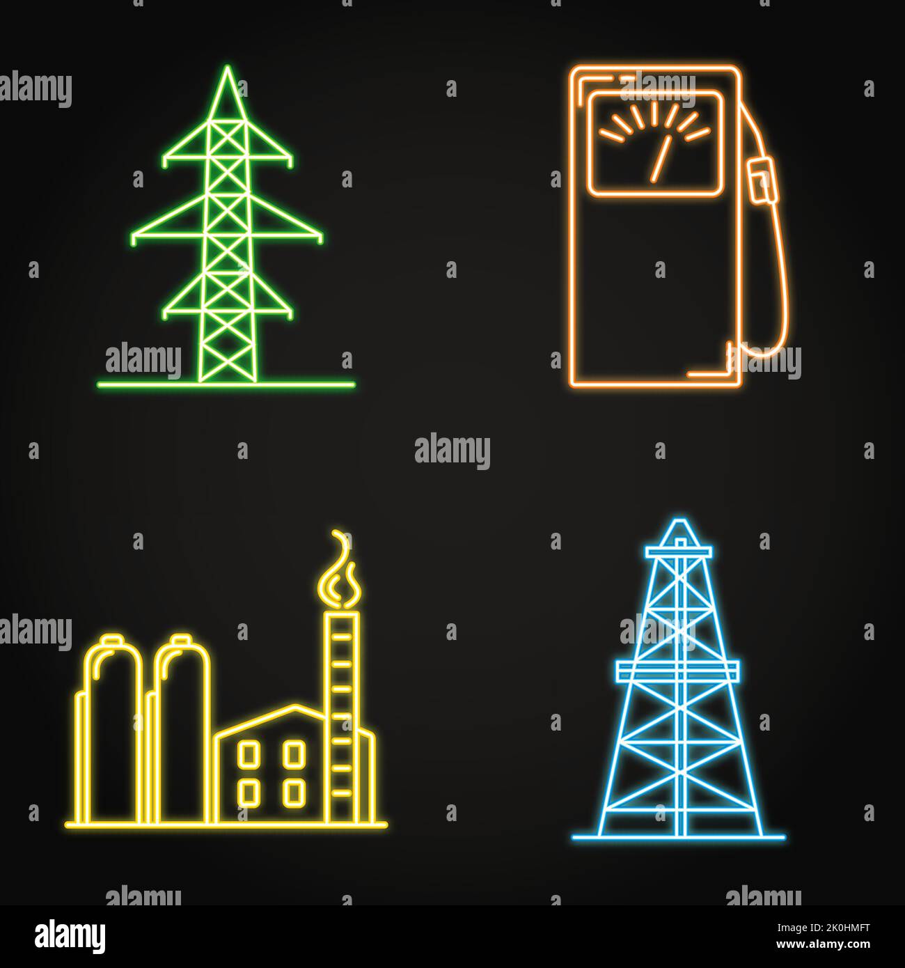 Electricity and fuel energy neon icon set in line style. Electric power ...