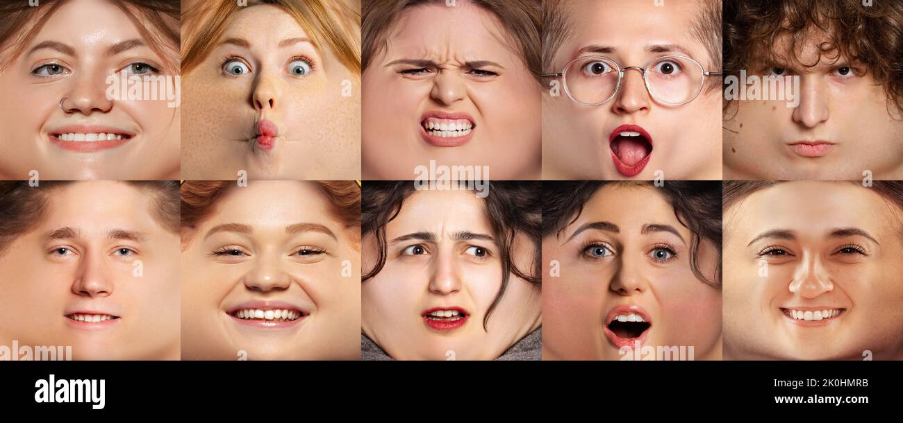 Set of funny portraits of different young people faces expressing ...