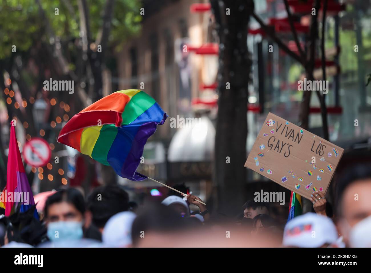 The people marching and waving rainbow flags as support on Pride day ...