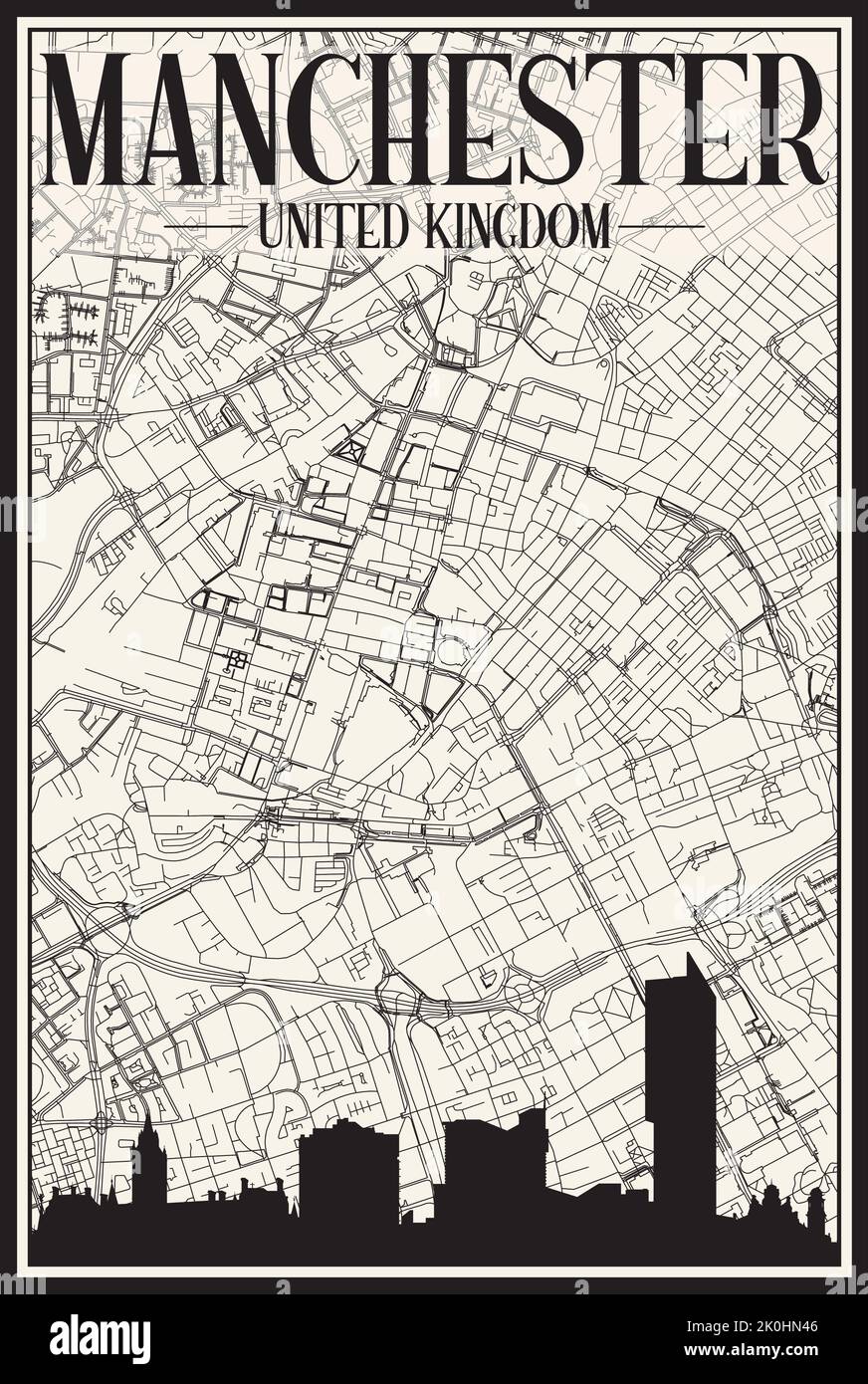 Framed downtown streets network printout map of MANCHESTER, UNITED ...