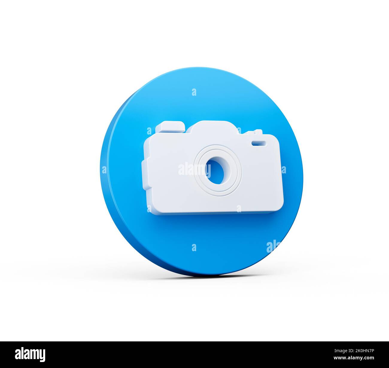 A 3D illustration blue camera icon on a circular button isolated on a ...