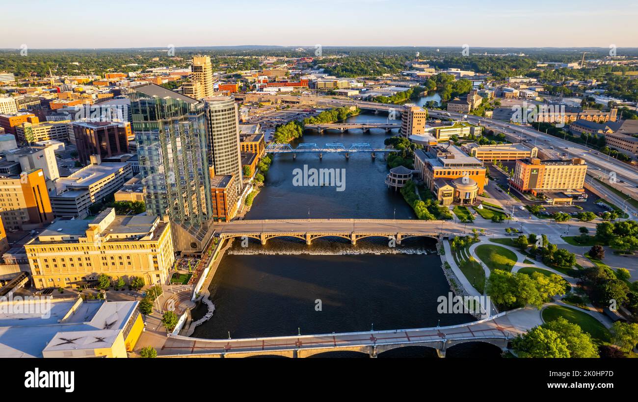 An aerial view of the downtown buildings in Grand Rapids, Michigan ...