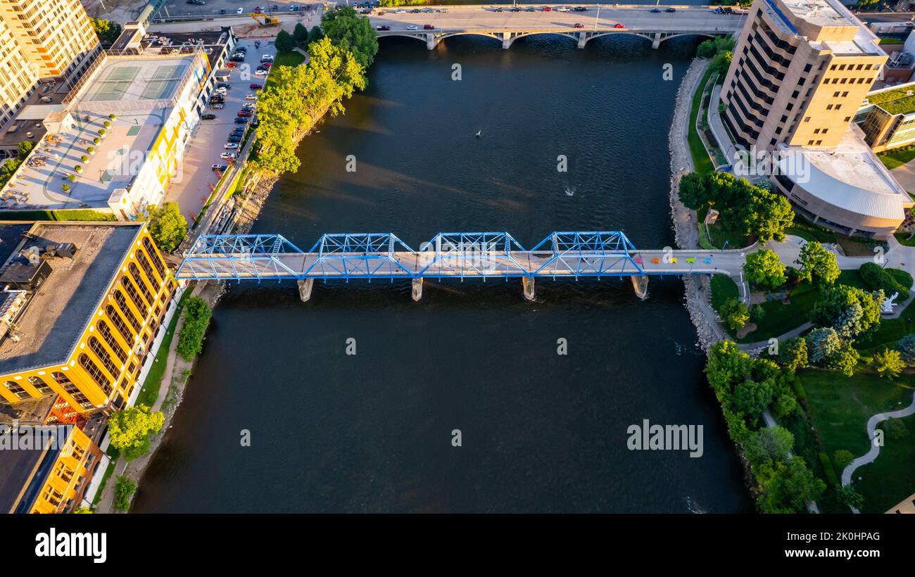 An aerial view of a bridge over water in downtown Grand Rapids Stock ...