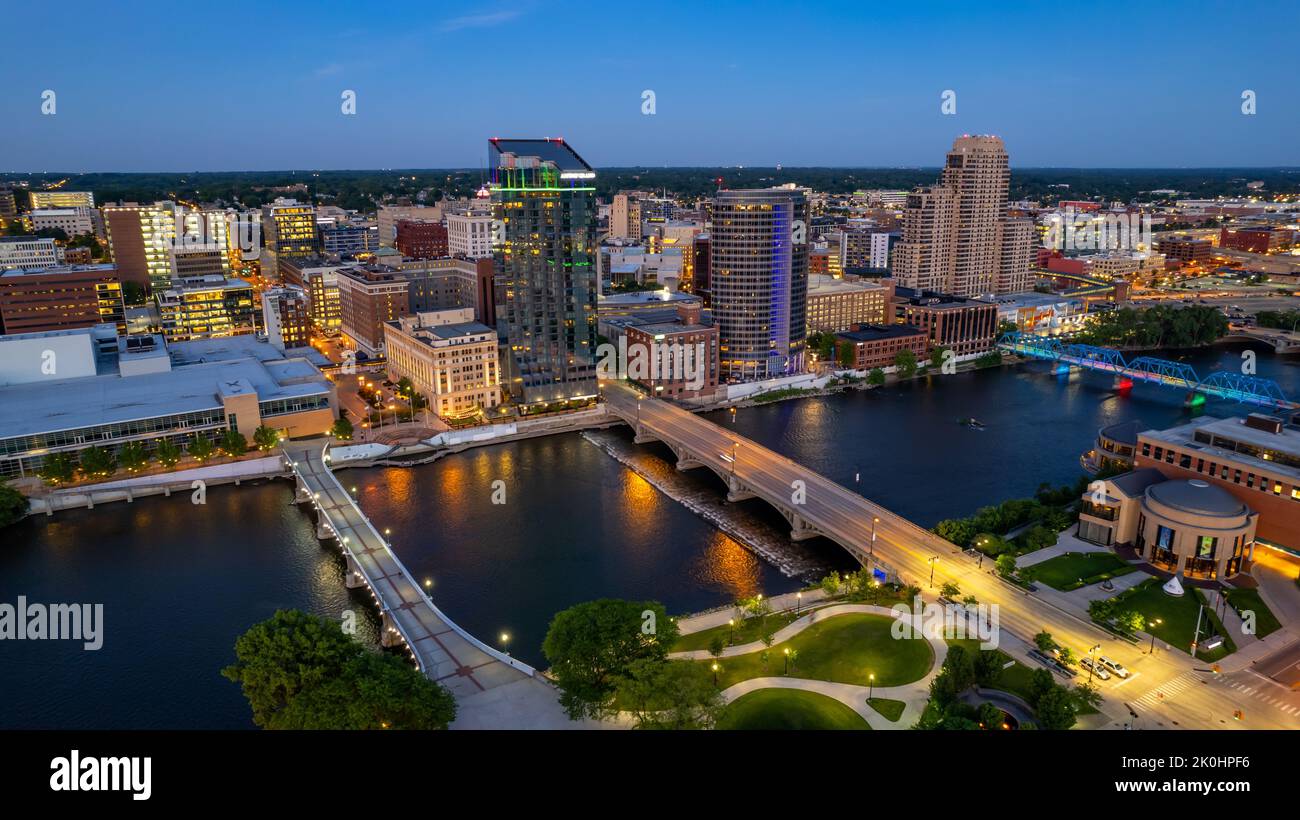 An aerial view of the downtown buildings in Grand Rapids, Michigan ...
