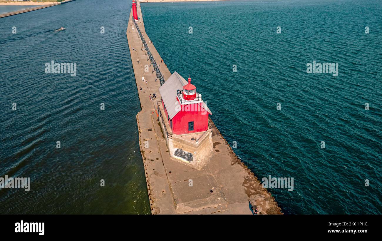 An aerial view of the reed barn on the pier of Grand Haven State Park ...