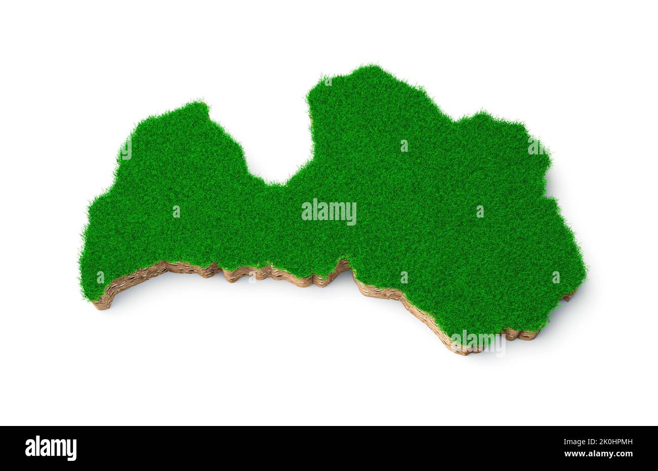 A 3D rendering of a mossy Latvia-shaped map isolated on white ...