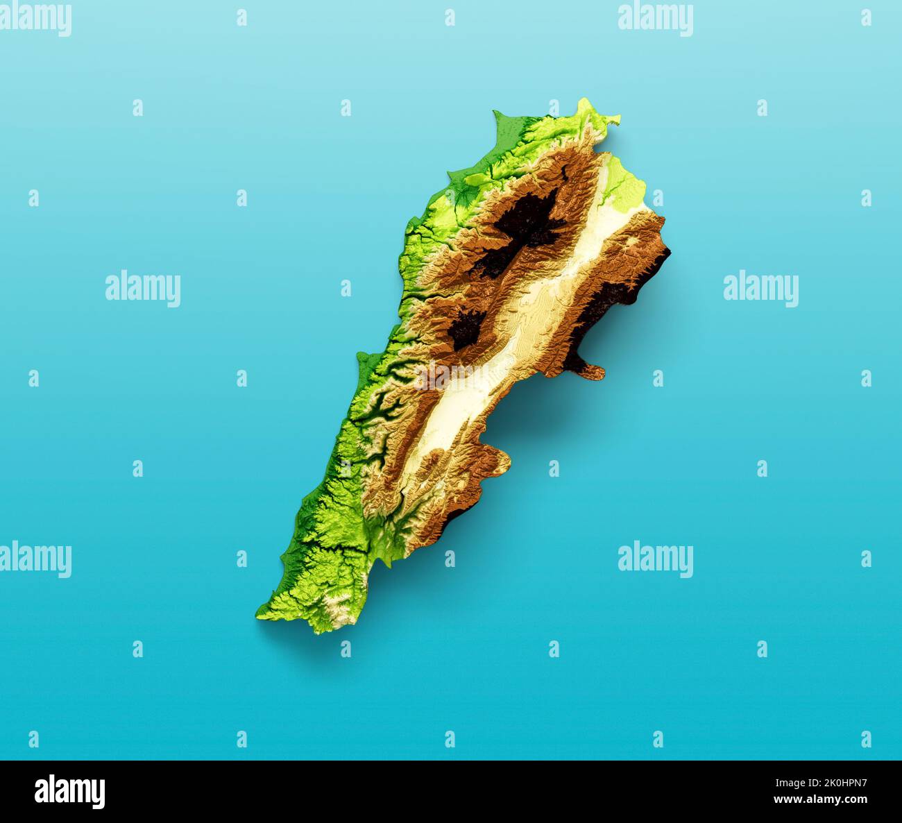 A 3D rendering of a Lebanon-shaped map with shaded relief isolated on ...