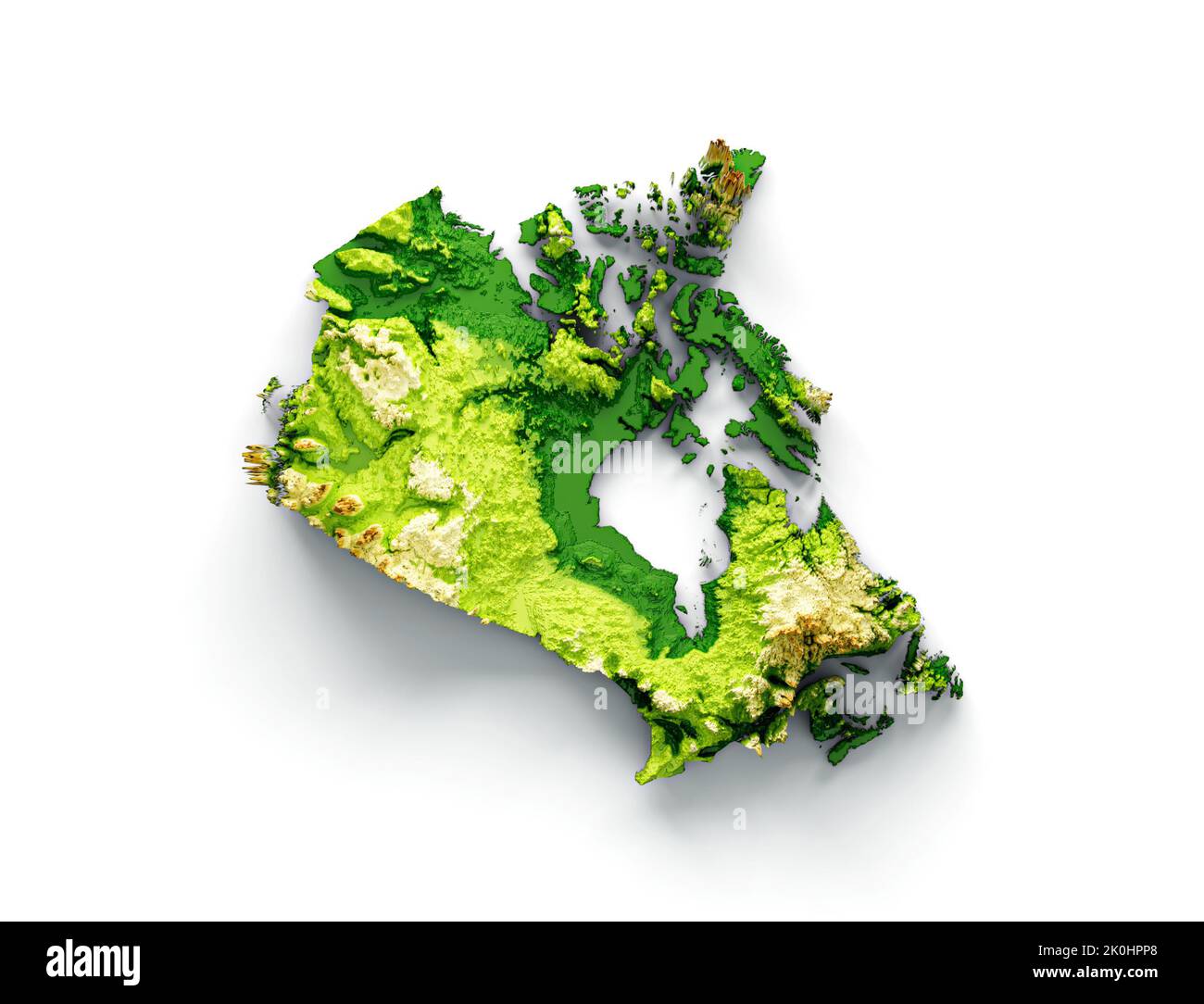 A 3D rendering of a Canada-shaped map with shaded relief isolated on ...