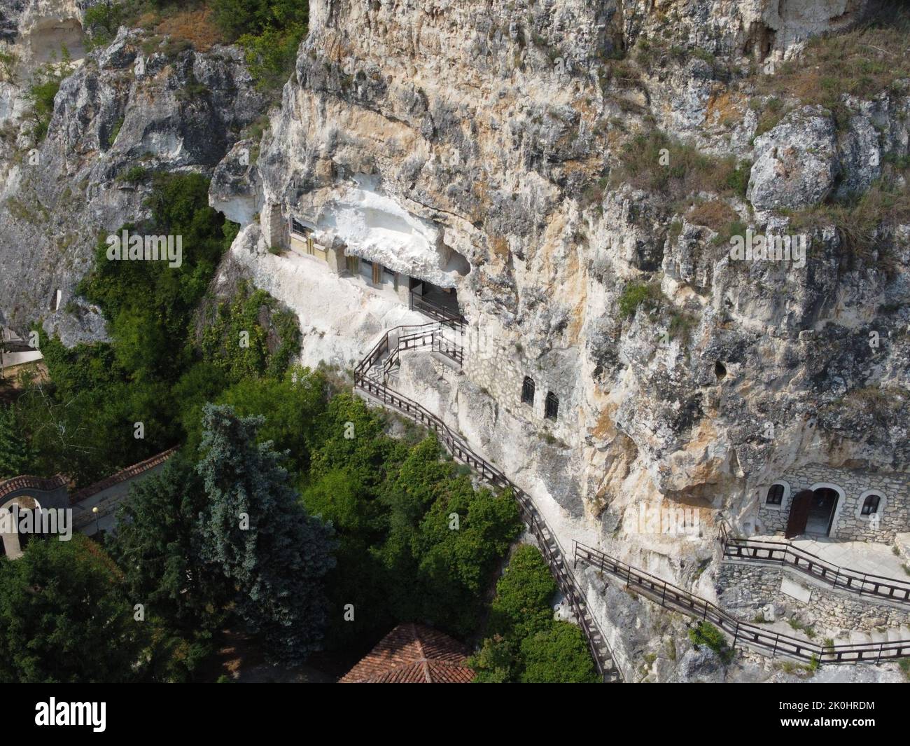 A bird's eye view of the Basarbovo Monastery in rocks in Bulgaria Stock ...