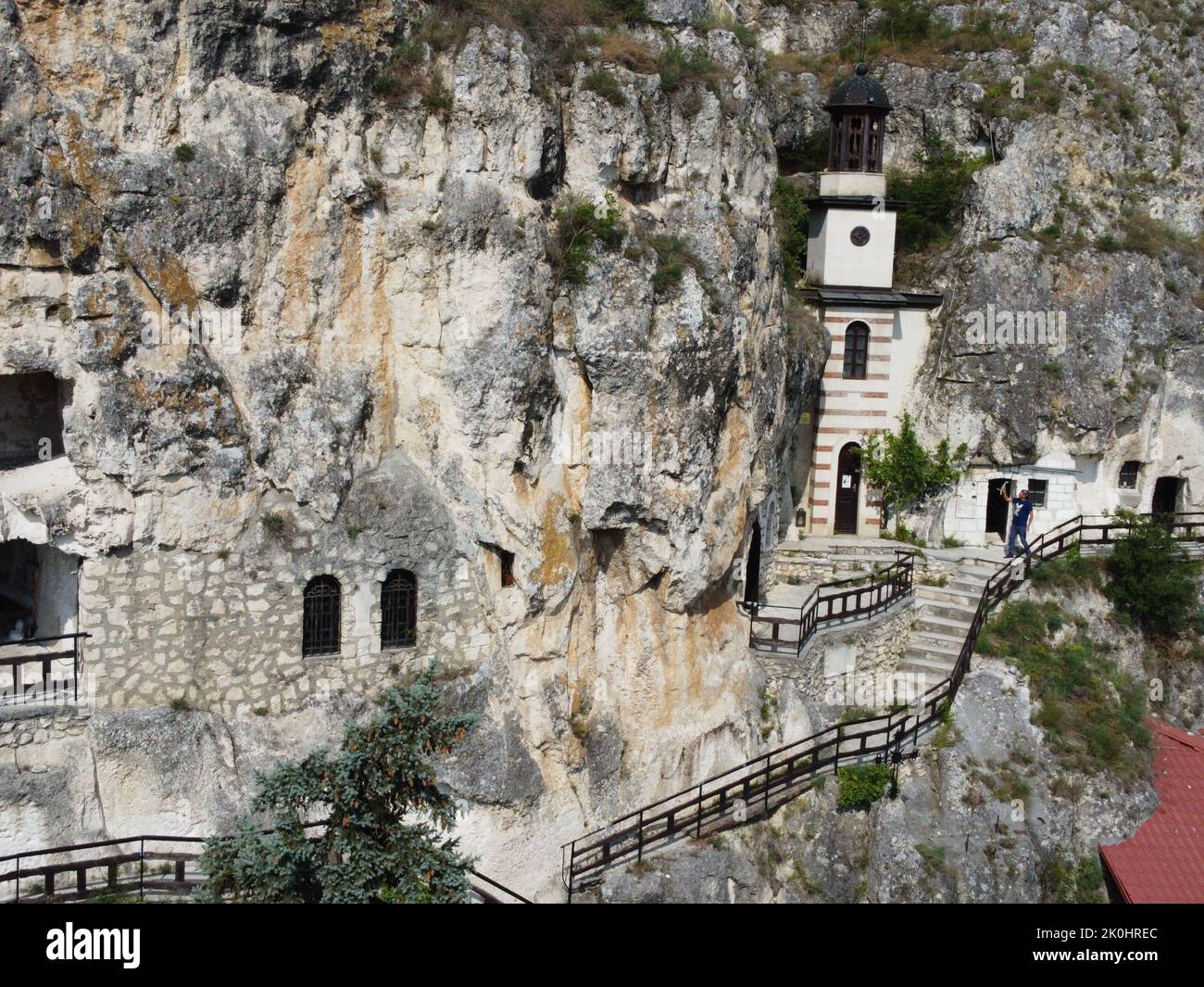 A bird's eye view of the Basarbovo Monastery in rocks in Bulgaria Stock ...