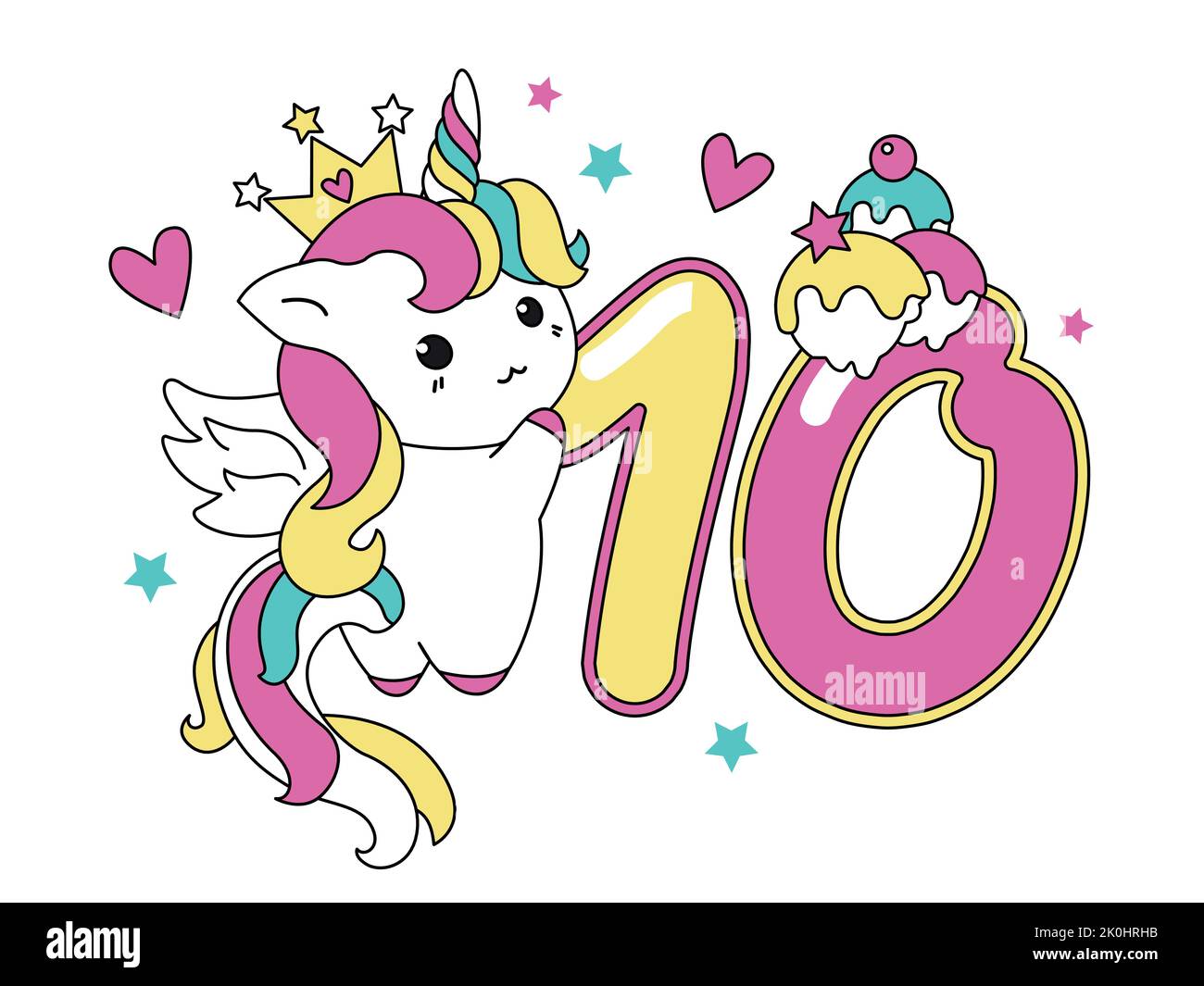 Cute unicorn collection in kawaii style with number ten. Happy birthday ...