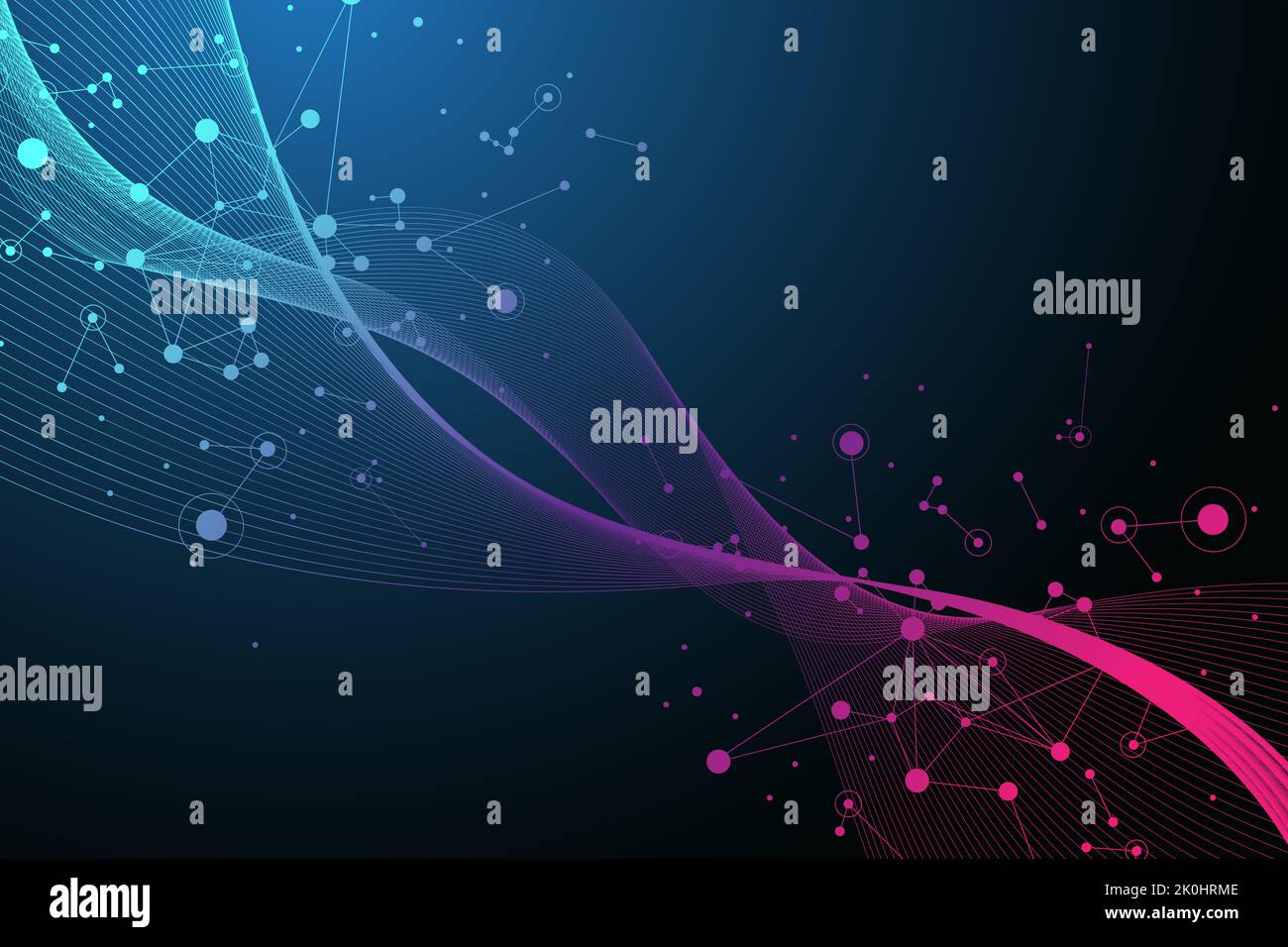 Digits abstract background with connected line and dots, wave flow illustration. Digital neural ...