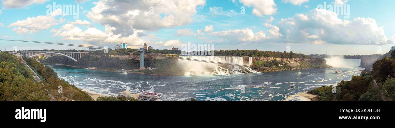 A scenic panorama of the Niagara Falls and river and the Suspension ...