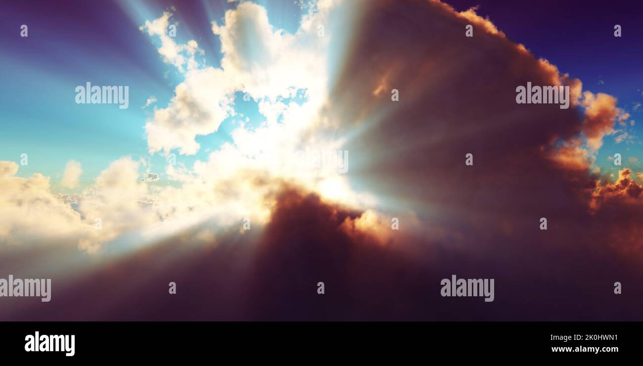 above clouds sun ray sunset. 3d render illustration Stock Photo - Alamy