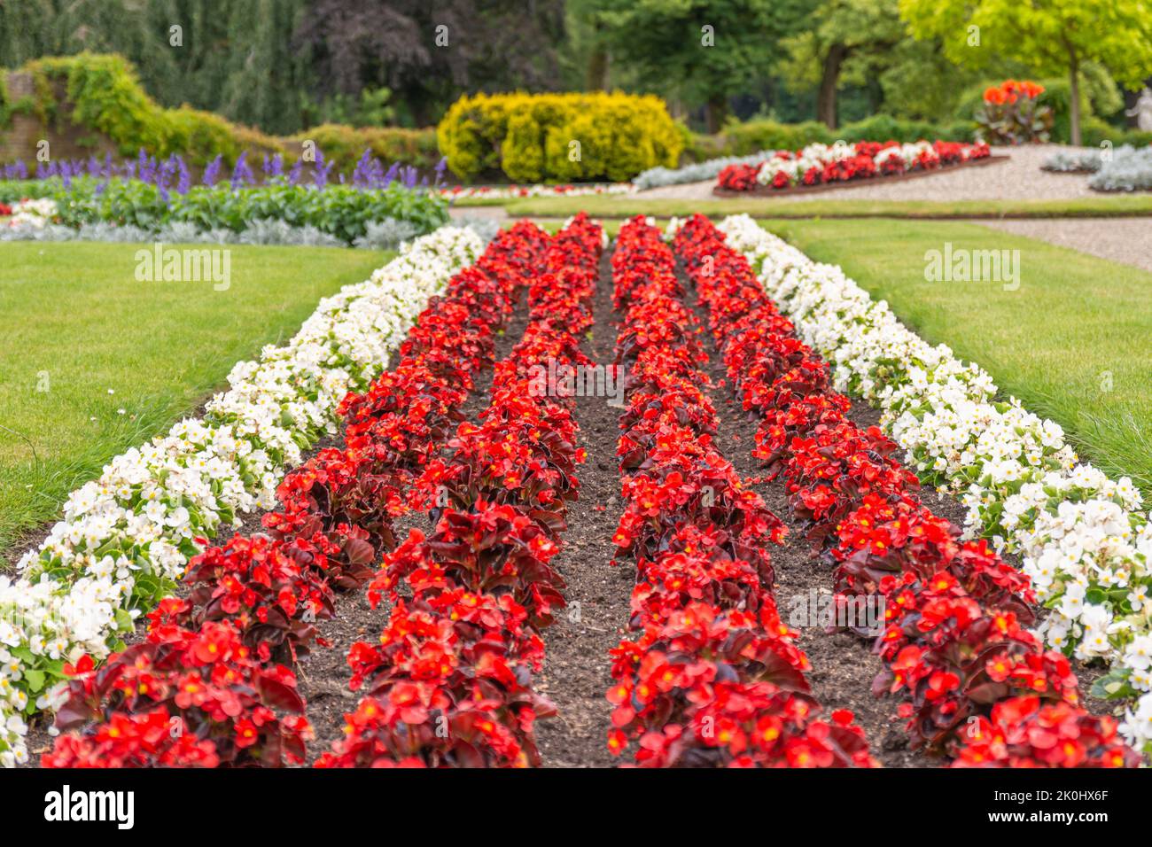 A beautifully designed park with flowers in the sunlight Stock Photo ...
