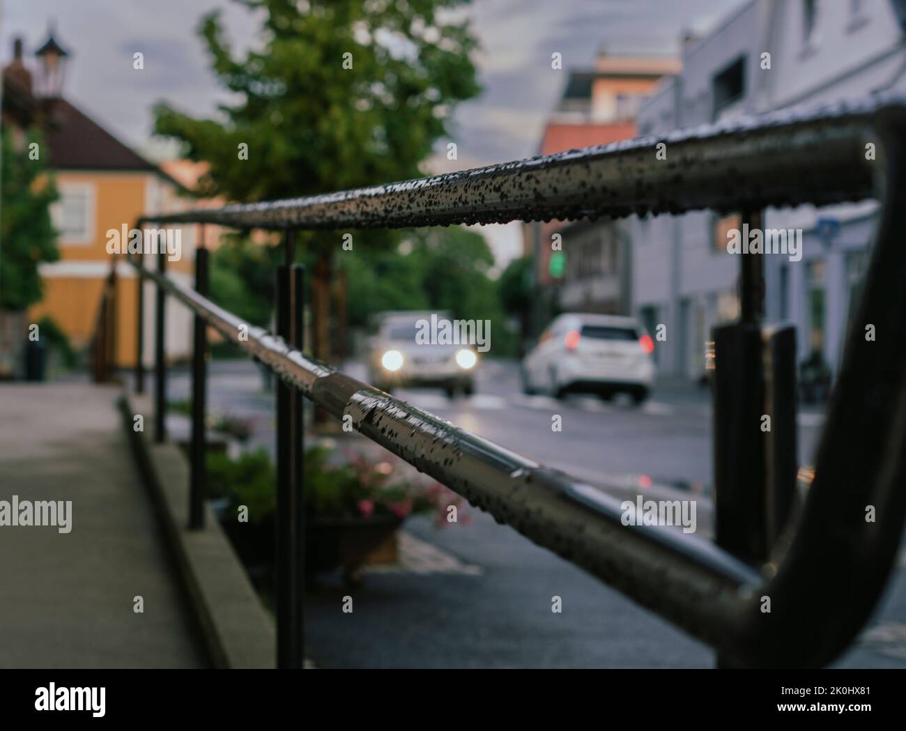 A wet metal railing alongside a road with cars passing in the town of ...