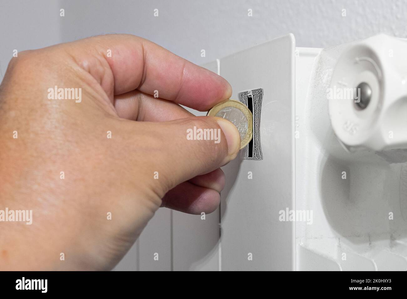 Close-up of a men hand inserting coin in the slot of the domestic ...