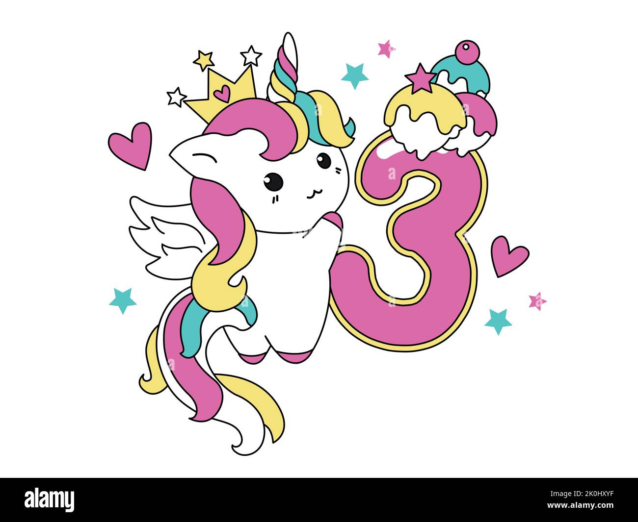 Cute unicorn collection in kawaii style with number three. Happy ...