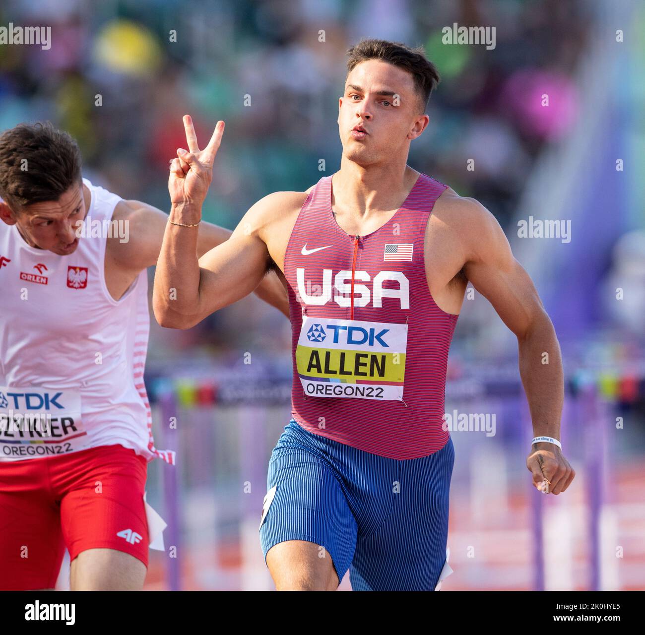 Devon Allen of the USA competing in the men’s 110m hurdles at the World ...