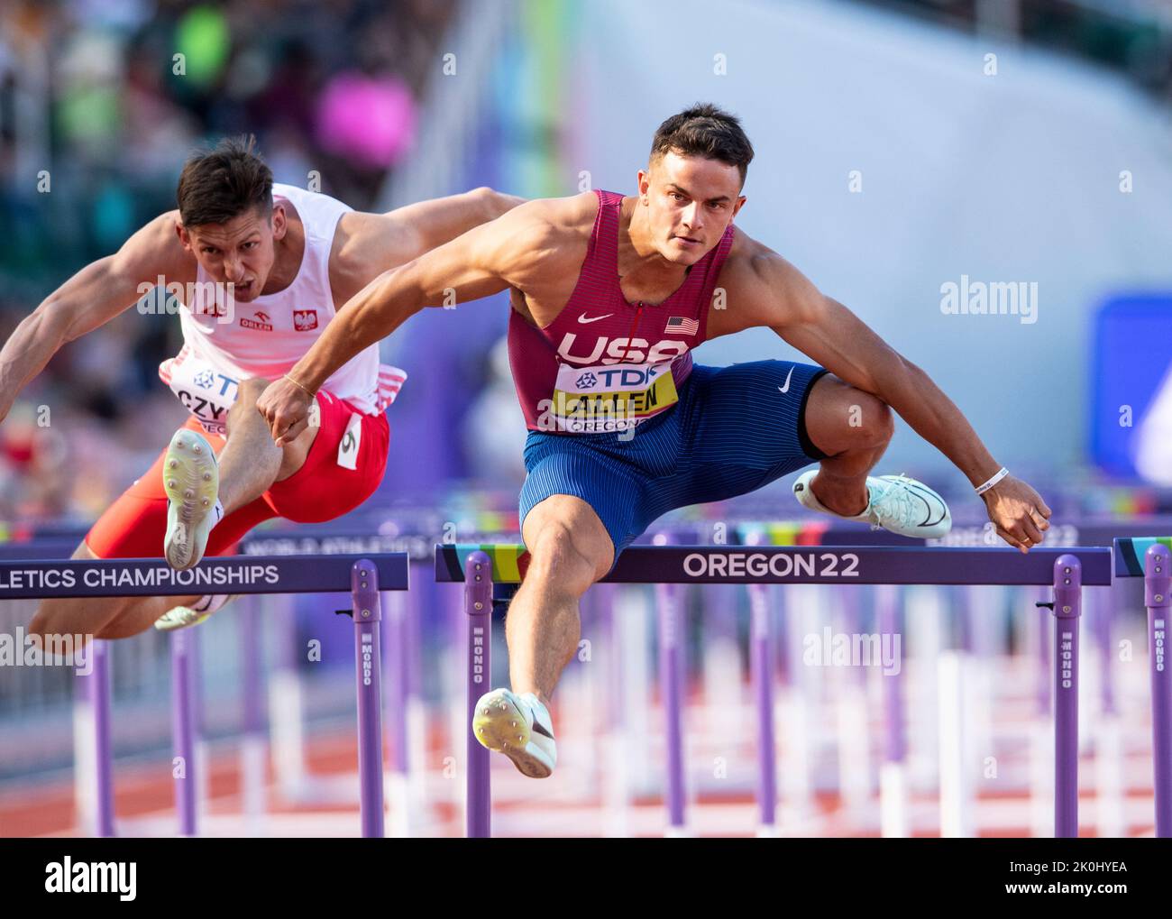 Devon Allen of the USA competing in the men’s 110m hurdles at the World ...