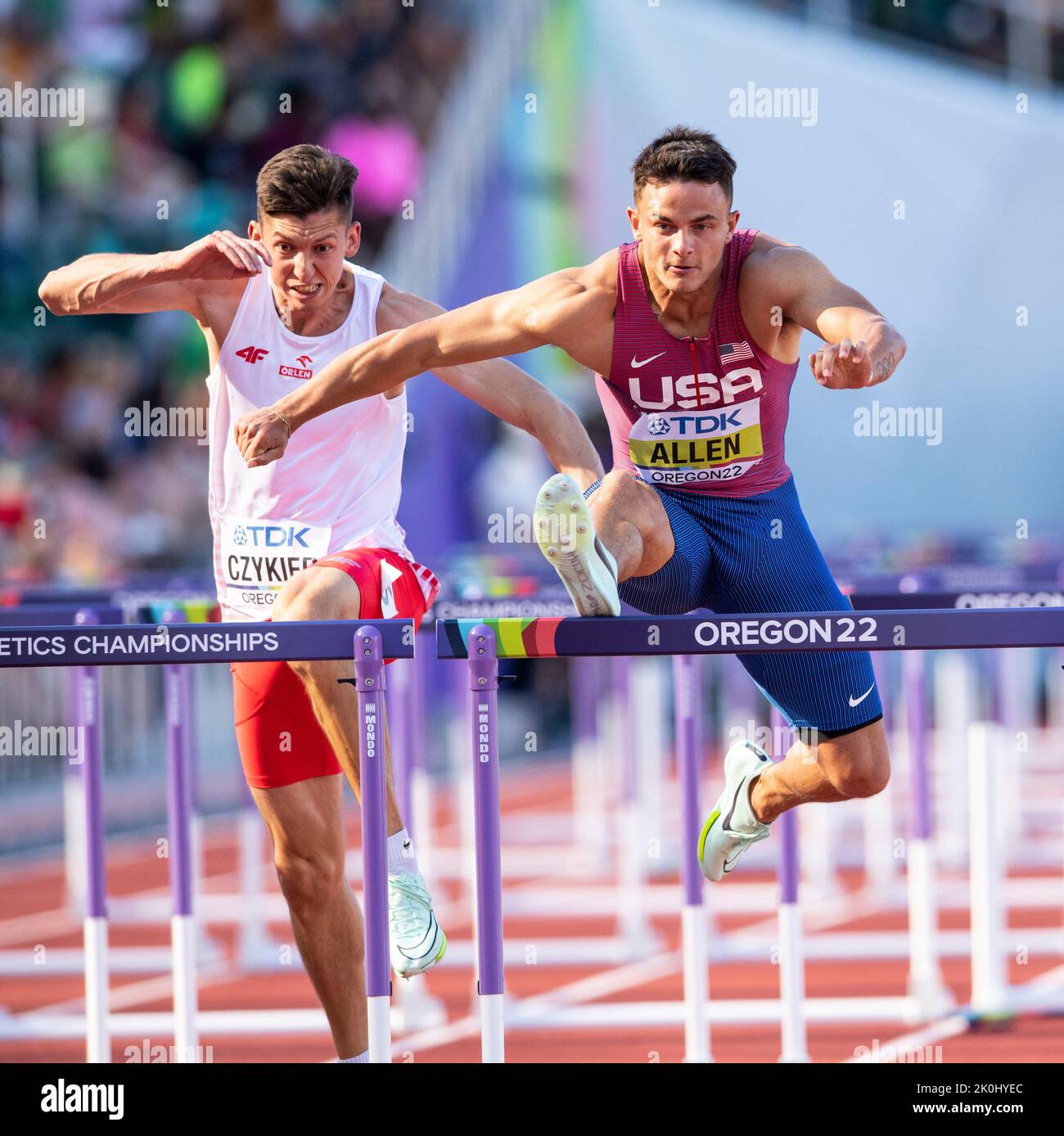Devon Allen of the USA competing in the men’s 110m hurdles at the World ...