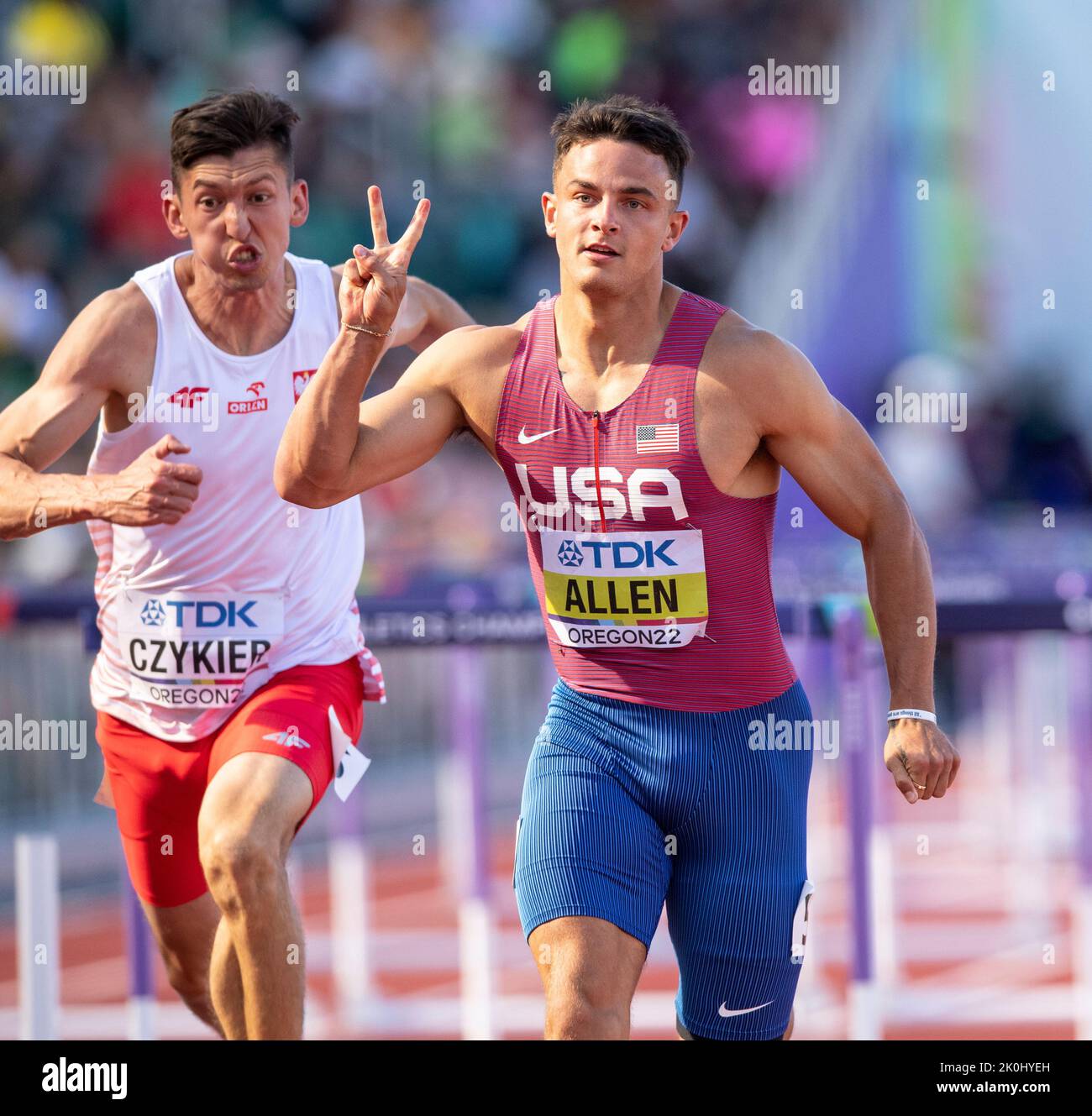 Devon Allen of the USA competing in the men’s 110m hurdles at the World ...