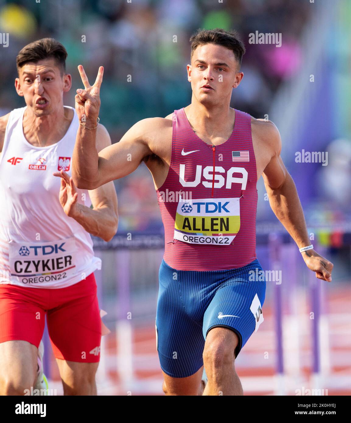 Devon Allen of the USA competing in the men’s 110m hurdles at the World ...