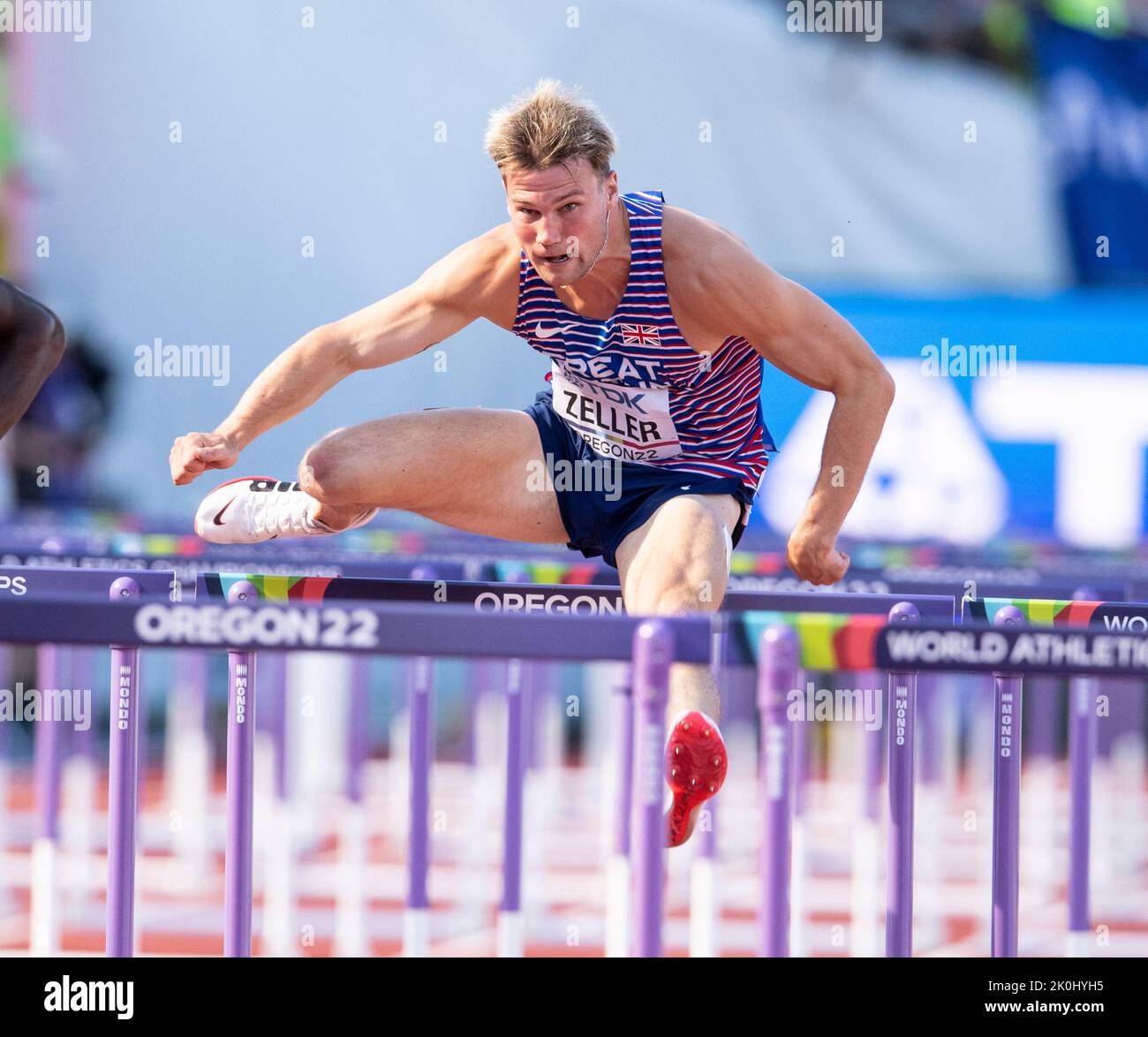 Joshua Zeller of GB&NI competing in the men’s 110m hurdles at the World ...