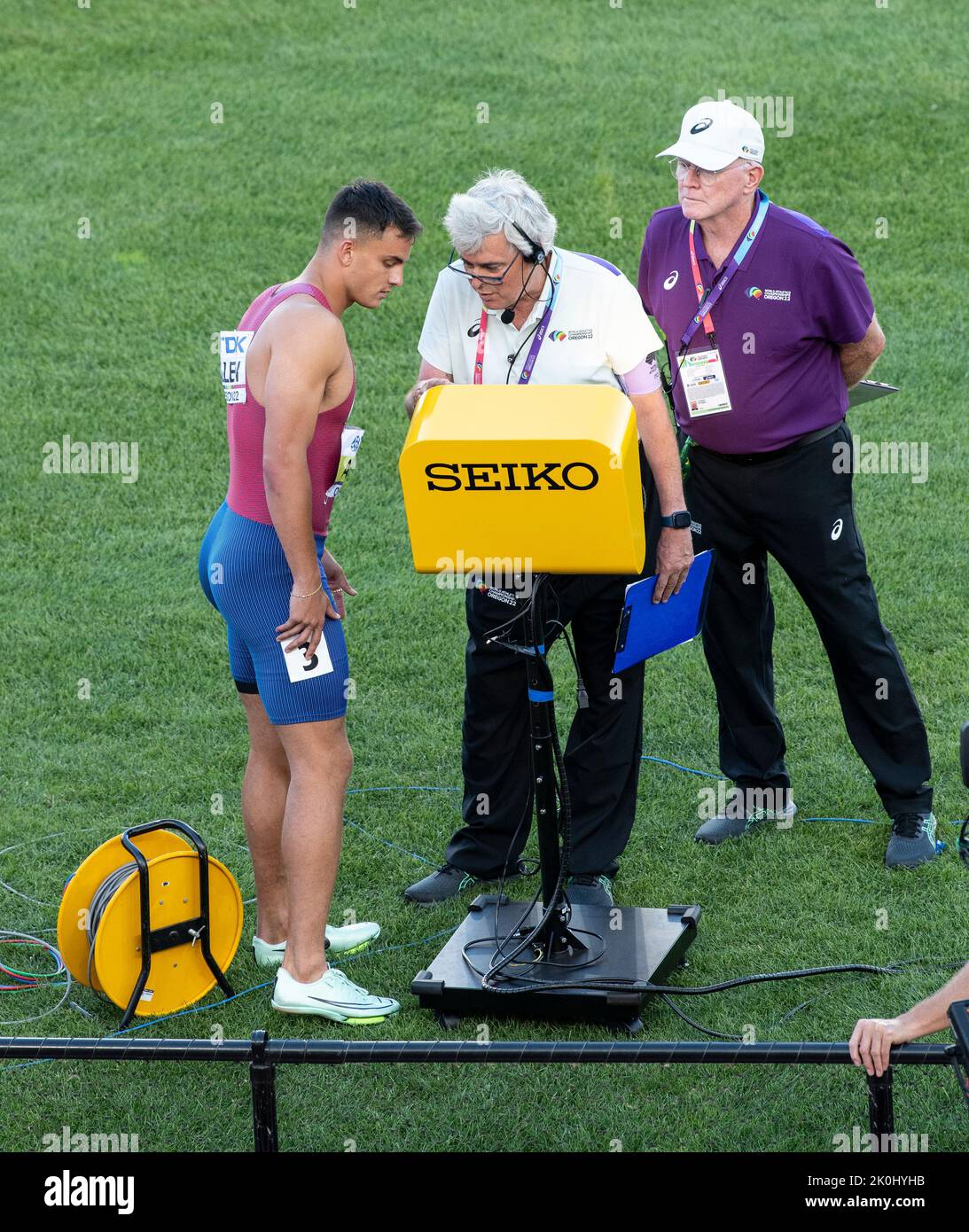 Devon Allen of the USA being disqualified from the men’s 110m hurdles ...