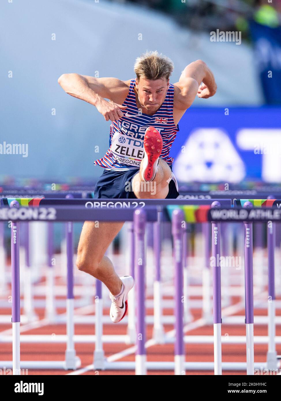 Joshua Zeller of GB&NI competing in the men’s 110m hurdles at the World ...