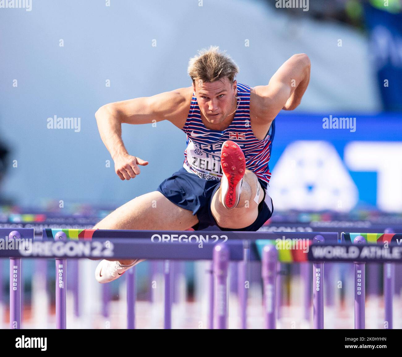Joshua Zeller of GB&NI competing in the men’s 110m hurdles at the World ...