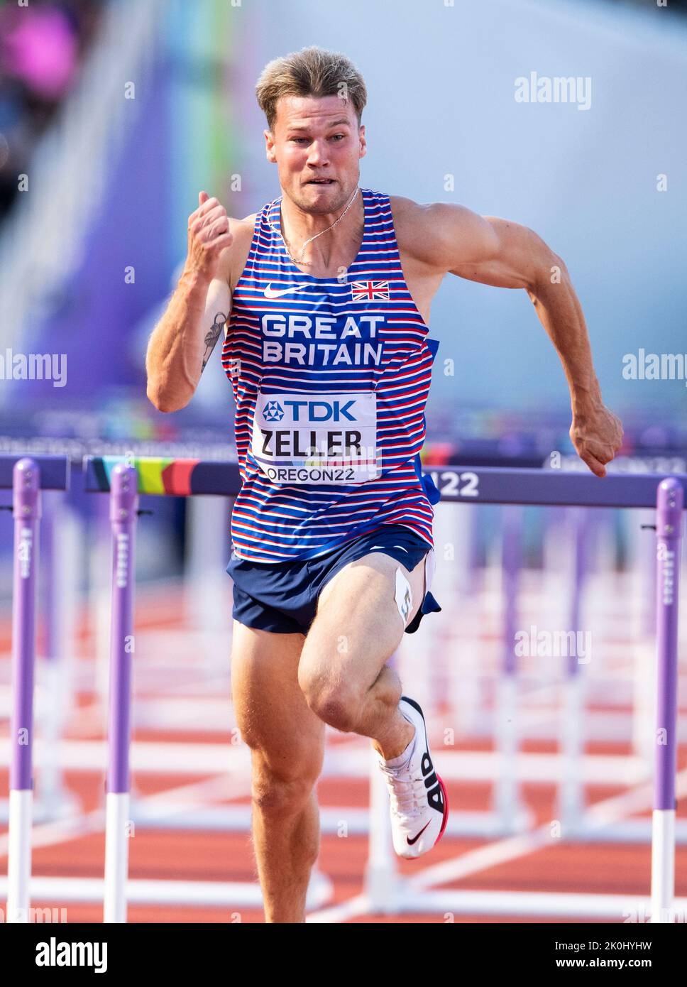 Joshua Zeller of GB&NI competing in the men’s 110m hurdles at the World ...