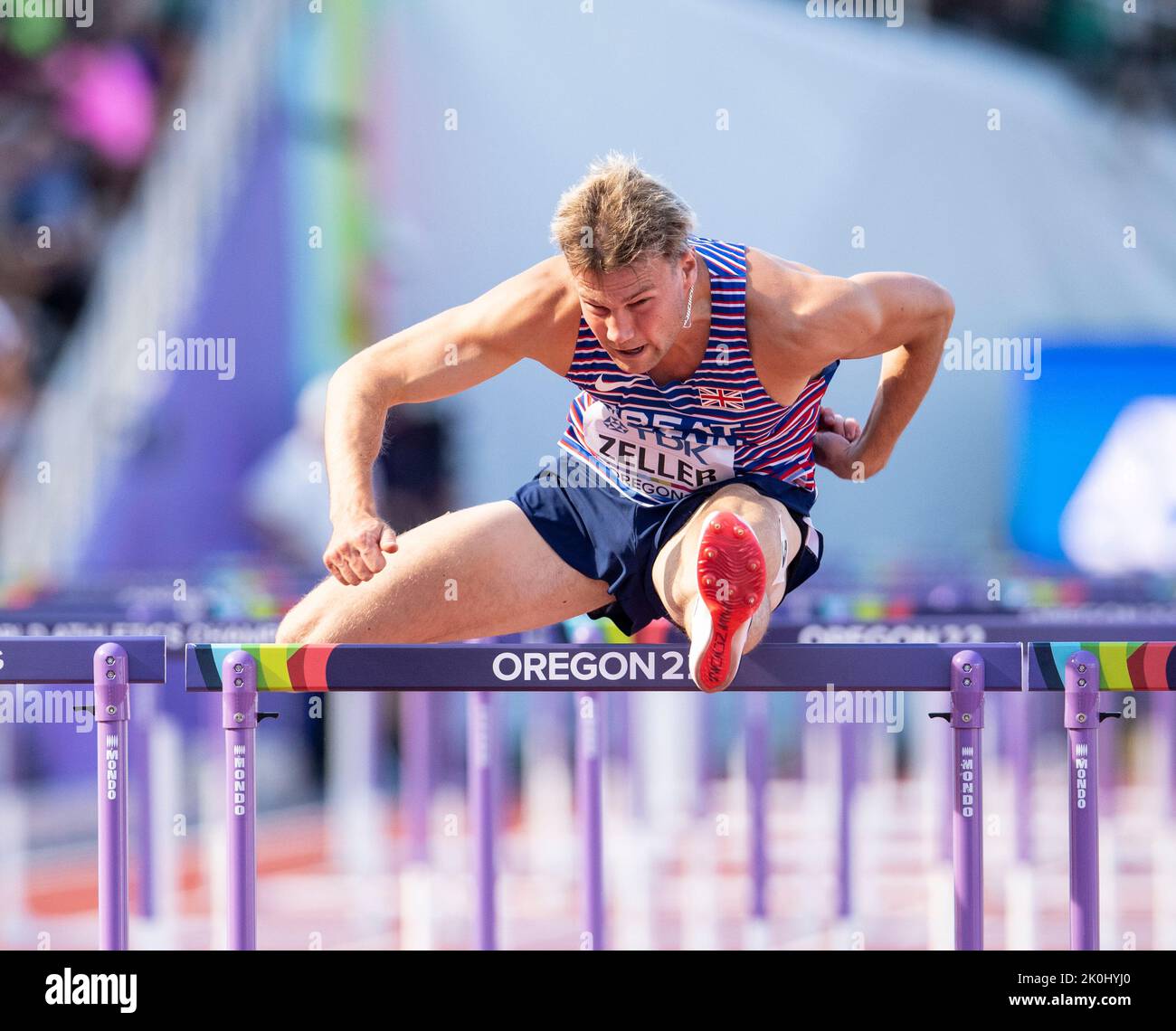 Joshua Zeller of GB&NI competing in the men’s 110m hurdles at the World ...