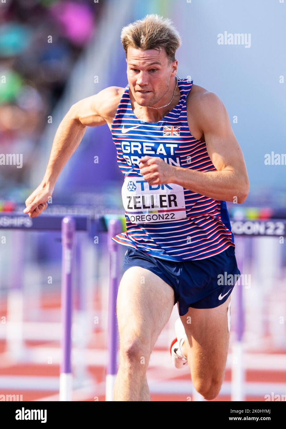 Joshua Zeller of GB&NI competing in the men’s 110m hurdles at the World ...