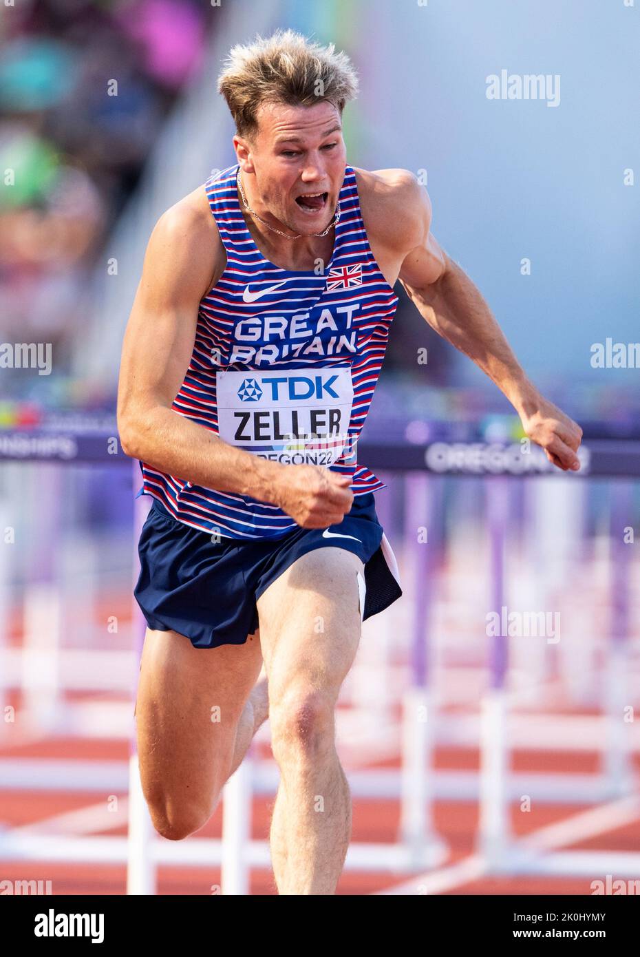 Joshua Zeller of GB&NI competing in the men’s 110m hurdles at the World ...