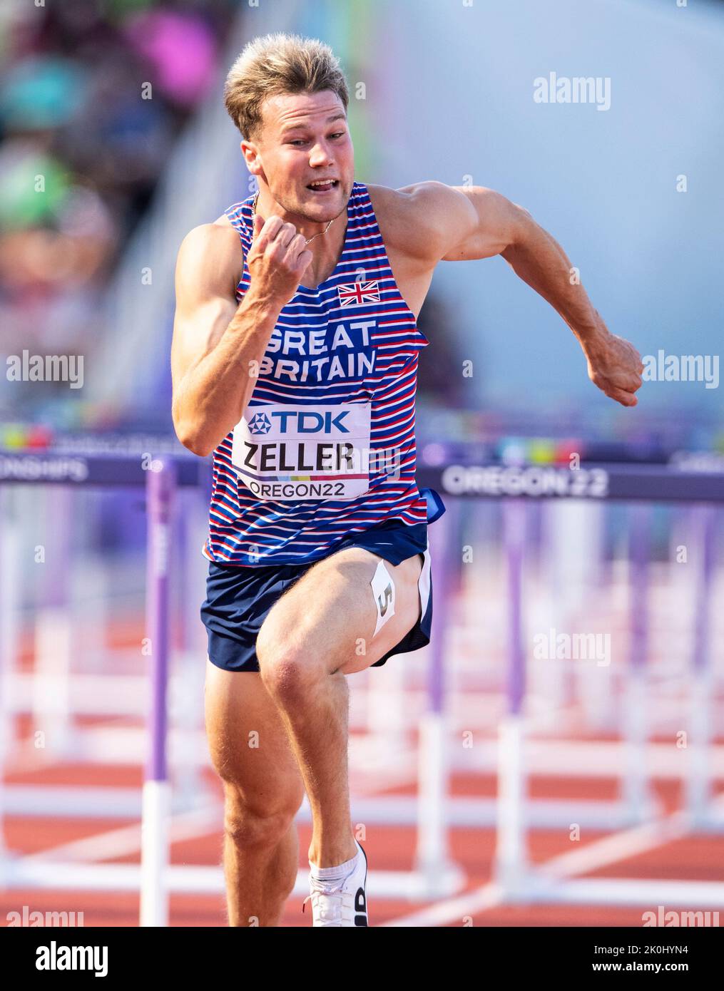 Joshua Zeller of GB&NI competing in the men’s 110m hurdles at the World ...