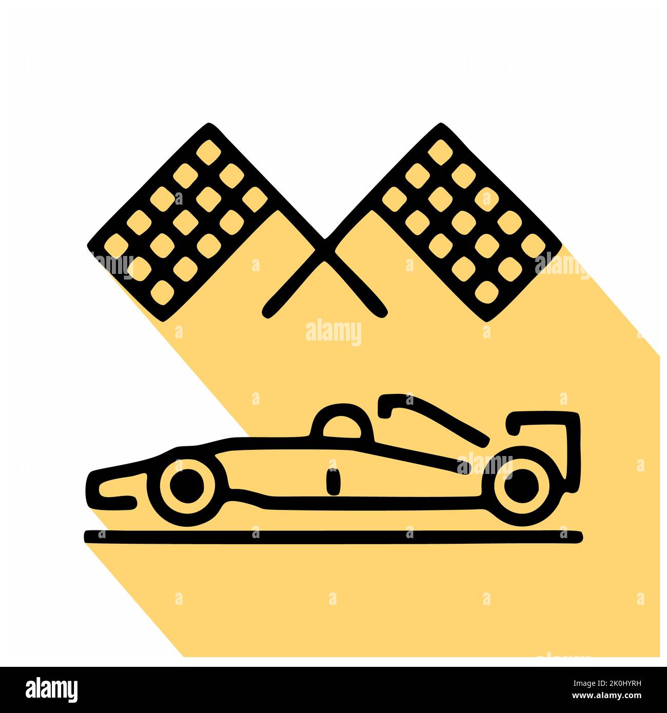 Racing car with checkered flags flat line icon. Vector sign of speed ...