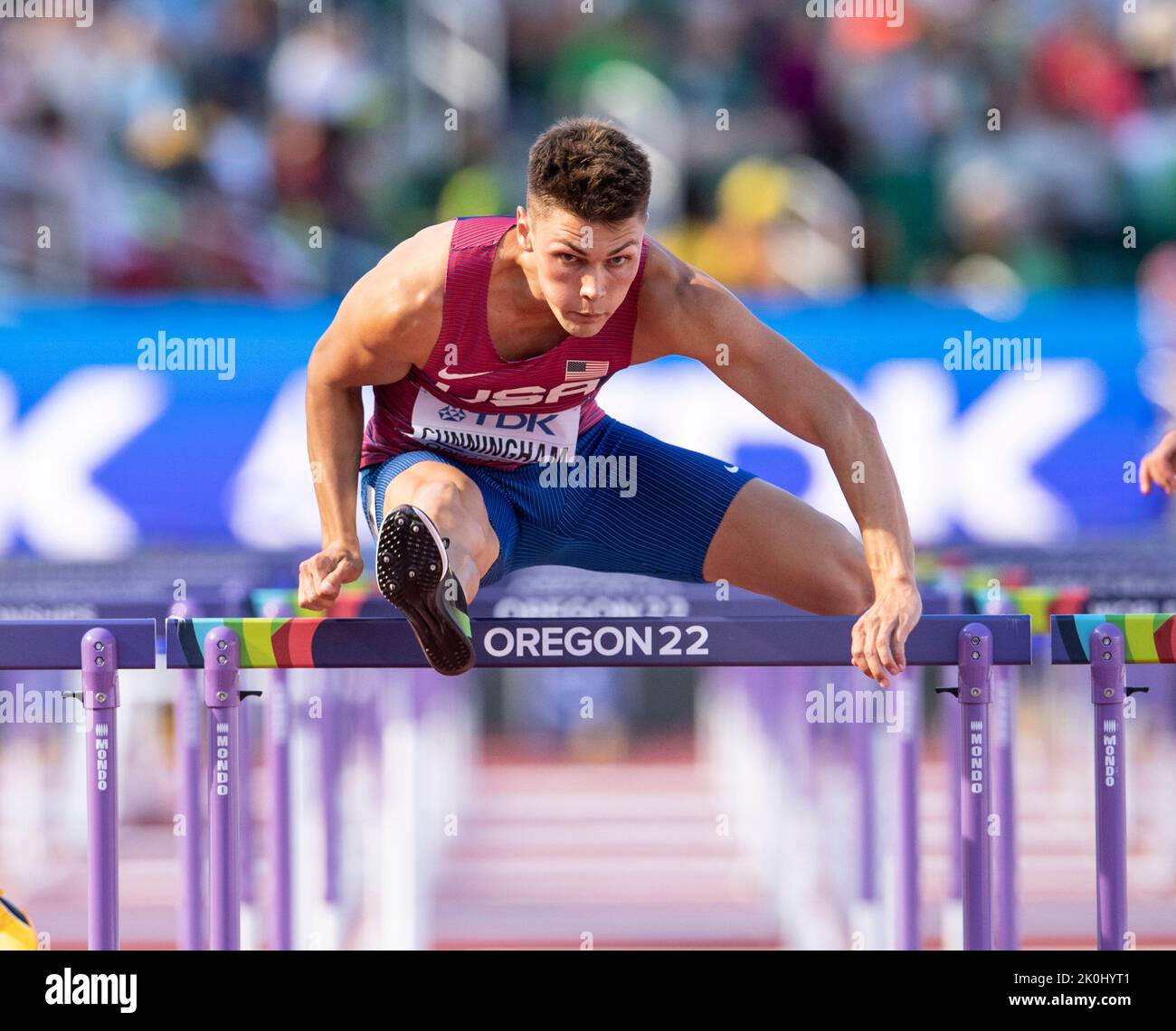 Trey Cunningham of the USA competing in the men’s 110m hurdles at the ...