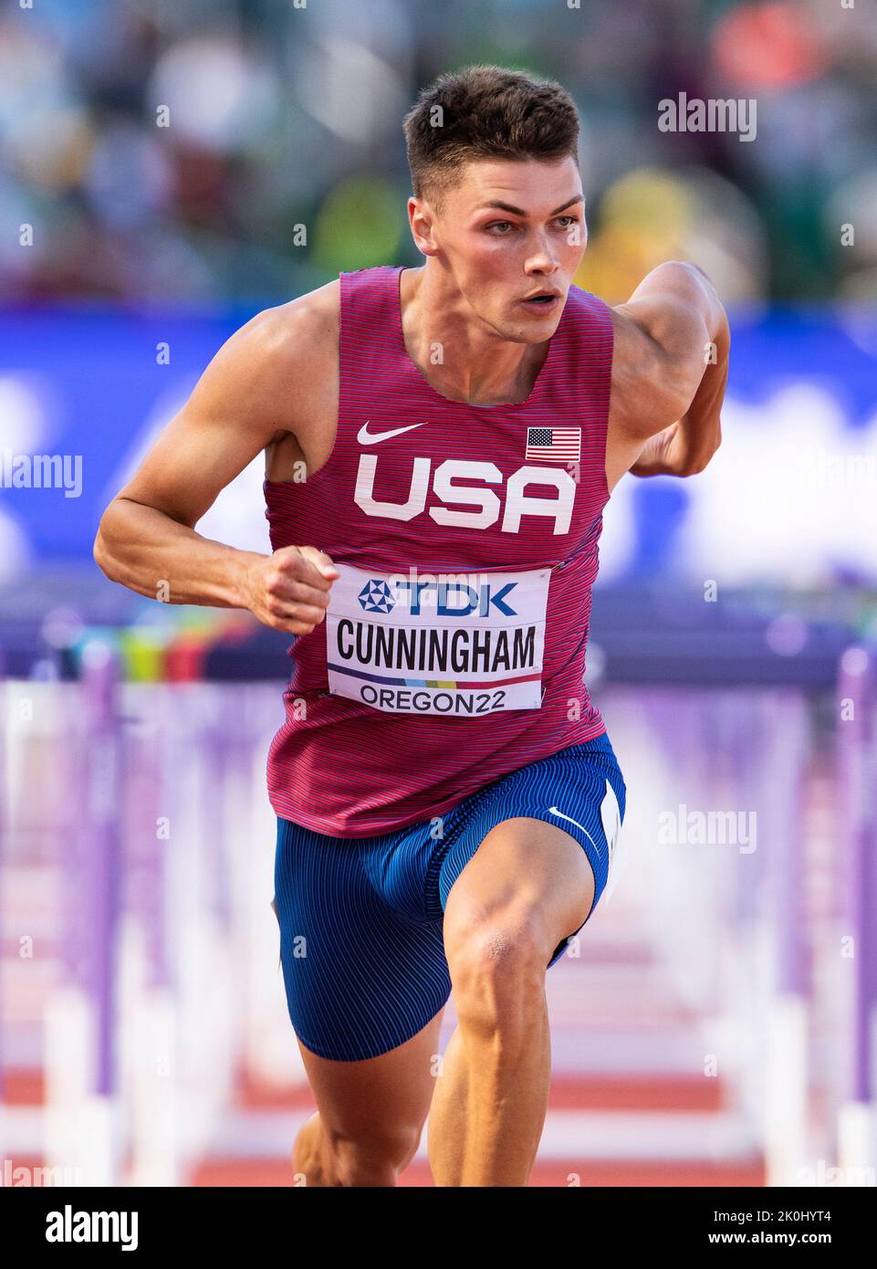 Trey Cunningham of the USA competing in the men’s 110m hurdles at the ...