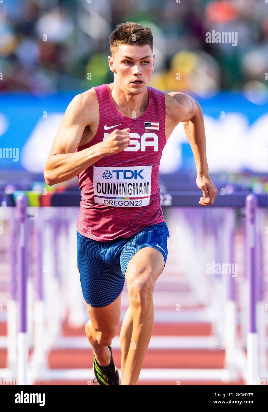 Trey Cunningham of the USA competing in the men’s 110m hurdles at the ...