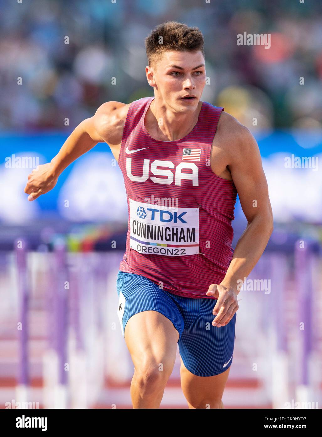 Trey Cunningham of the USA competing in the men’s 110m hurdles at the ...