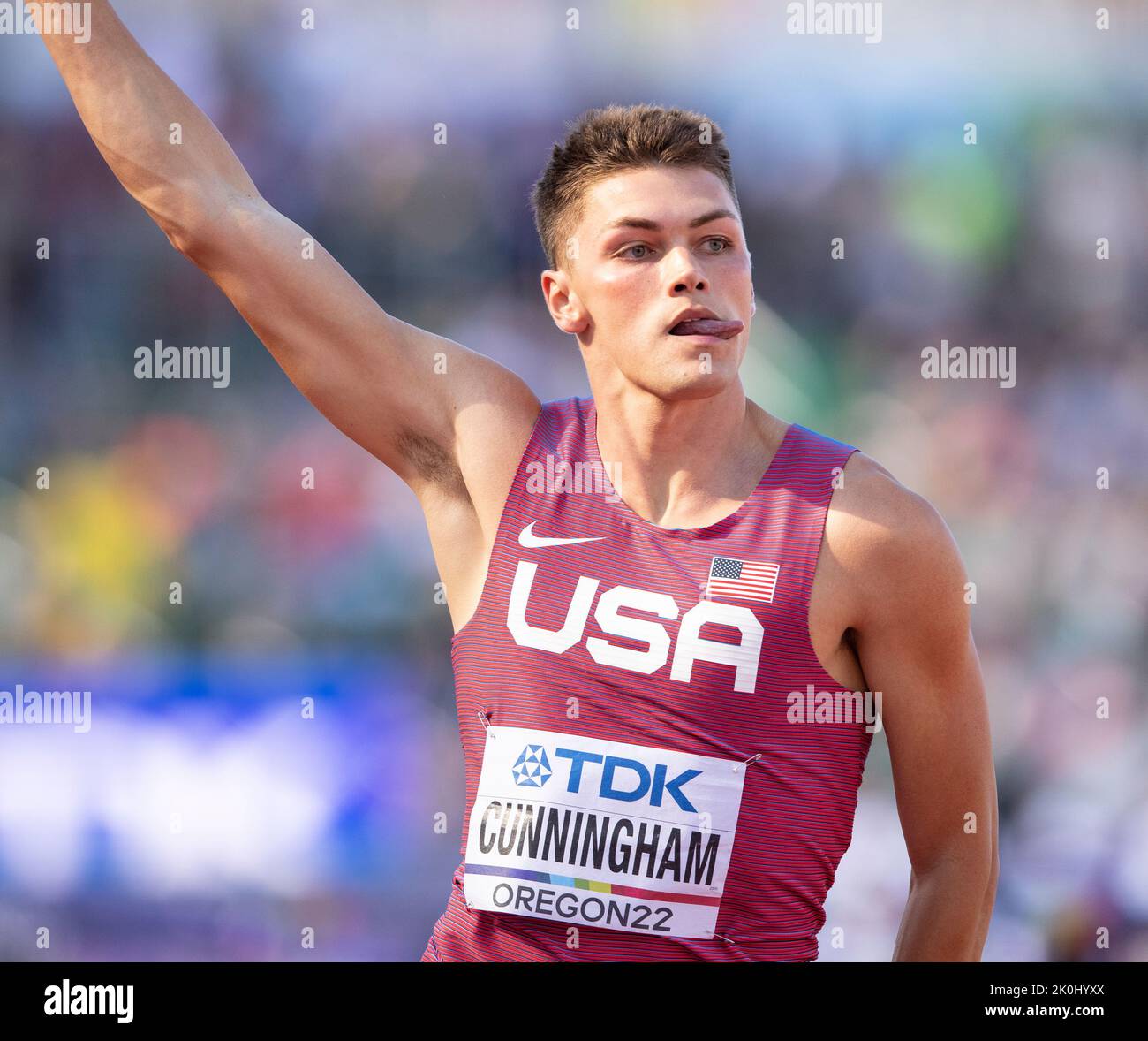 Trey Cunningham of the USA competing in the men’s 110m hurdles at the ...